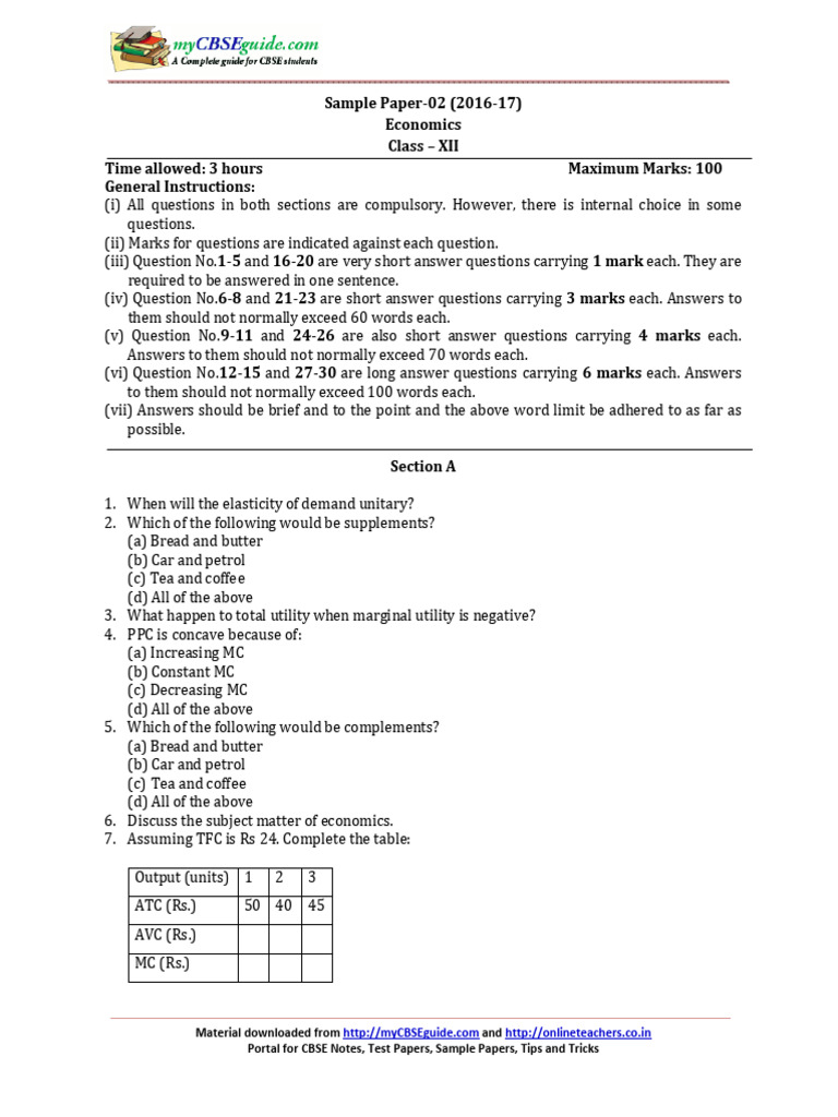 2017 12 Economics Sample Paper 02 QP | Download Free PDF | Demand | Price Elasticity Of Demand