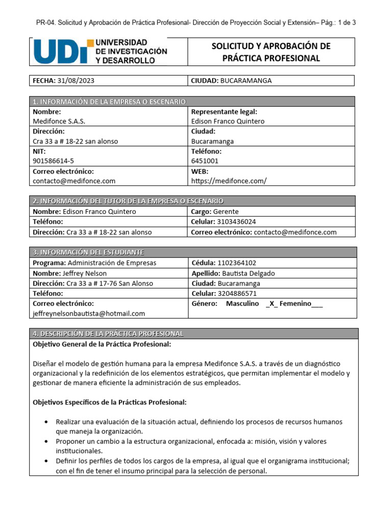 PR 04 Formato de Solicitud y Aprobacion de Practica Profesional | PDF | Business | Gestión de ...