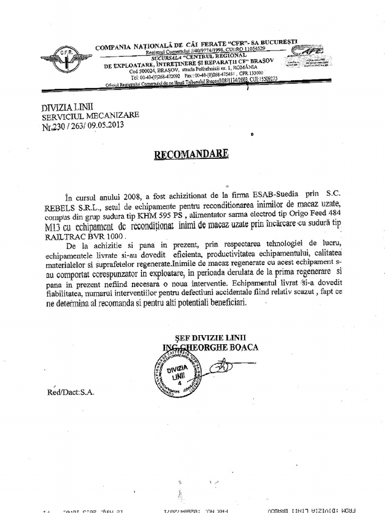 CFR SA Railtrac BVR Certificate - Romania | PDF