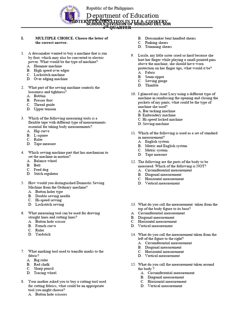Midterm Exam in Tle 7 Dressmaking 4th Q | PDF | Sewing | Sewing Machine