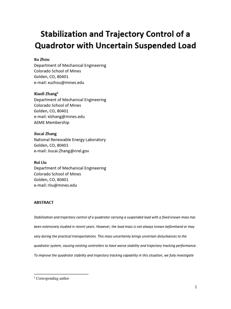 Stabilization and Trajectory Control of A Quadrotor With Uncertain Suspended Load | Download ...