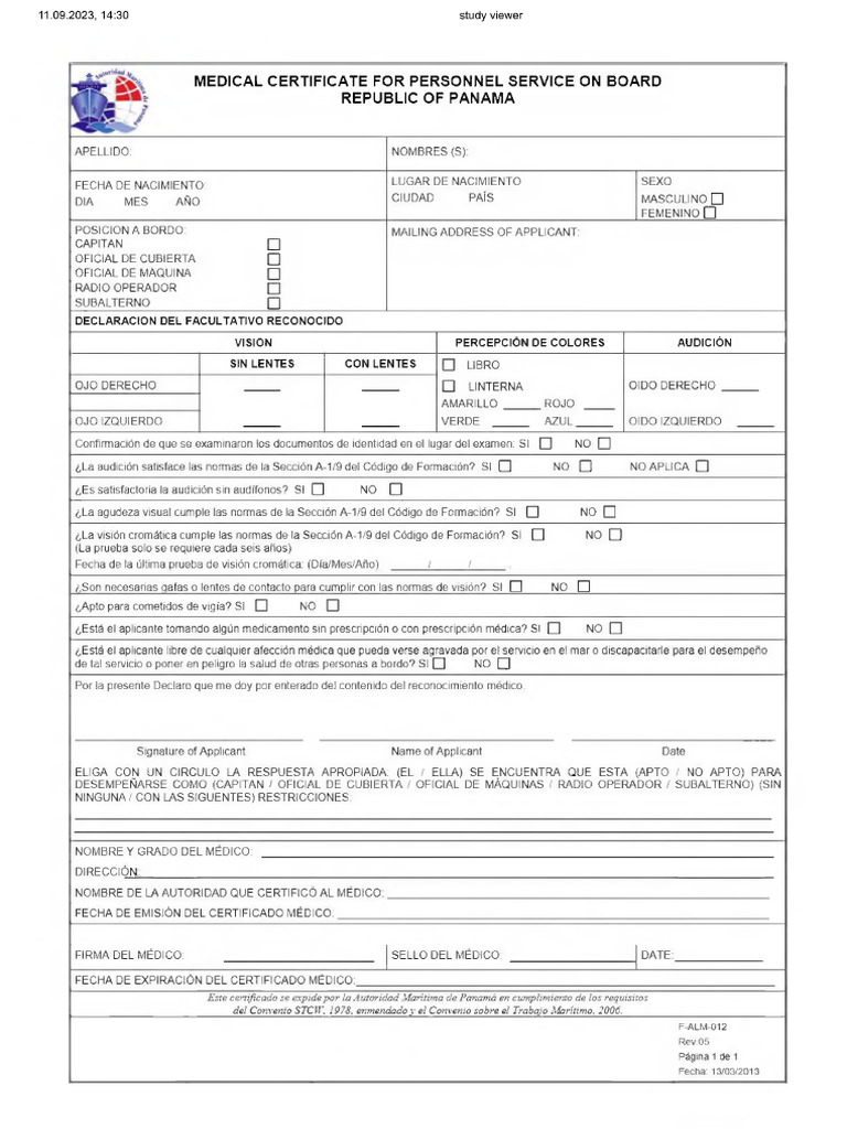Medical Certificate For Personnel Service On Board Republic of Panama ...