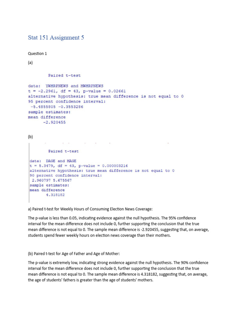 Stat 151 Assignment 5 Pdf P Value Statistical Significance