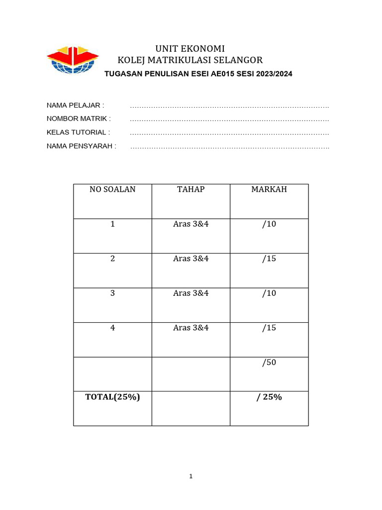 Soalan Tugasan PB Eseii Ae015 Sesi 2023 - 2024 Unit Ekonomi Kms | PDF