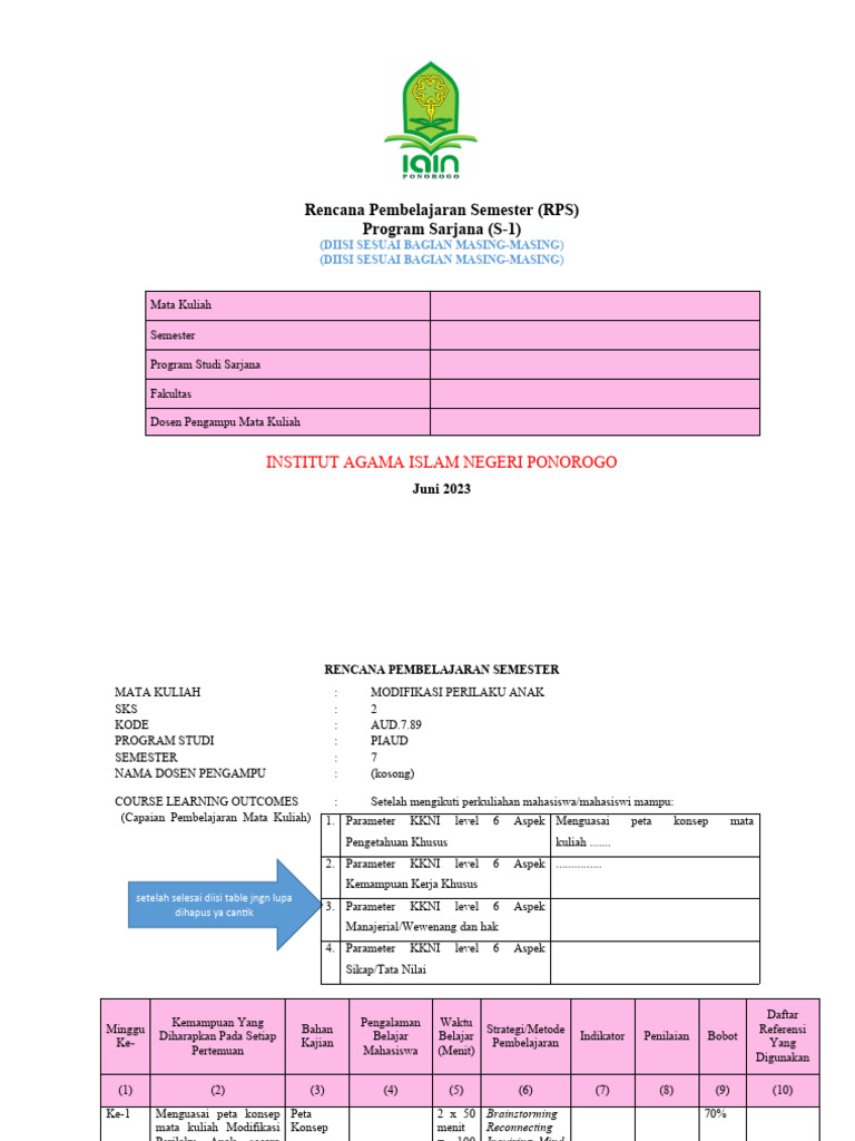 Rencana Pembelajaran Semester (RPS) | PDF