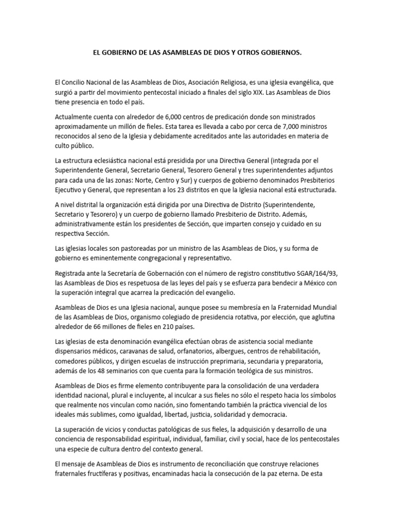 El Gobierno de Las Asambleas de Dios y Otros Gobiernos | PDF | Pentecostalismo | presbiterianismo