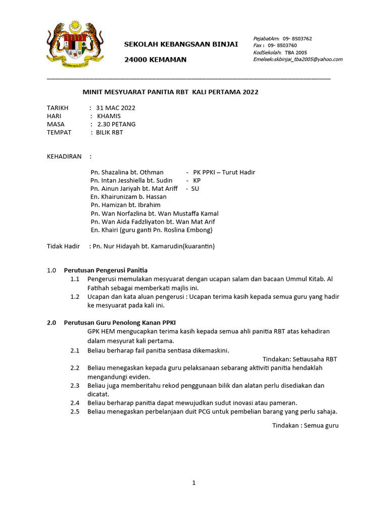 Minit Mesyuarat Kali Ke 1 2022 RBT | PDF