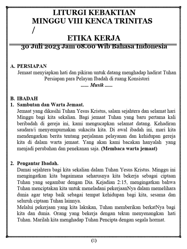 Lit-Minggu-8-Kenca-Trinitatis Etika-Kerja 30 07 23 Bhs - Indonesia | PDF