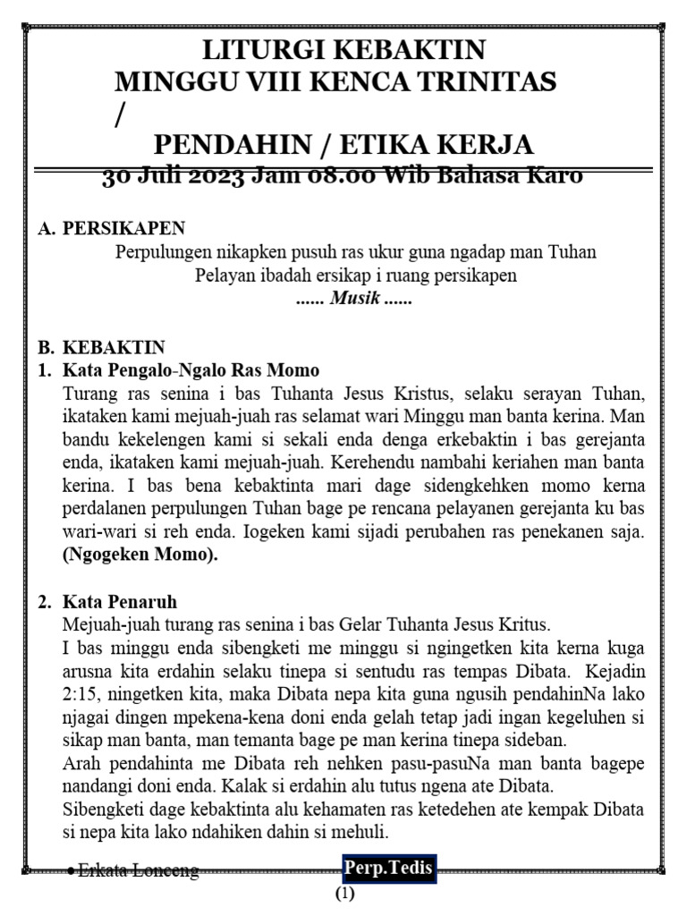 Lit-Minggu-8-Kenca-Trinitatis Etika-Kerja 30 07 23 Bhs - Karo | PDF