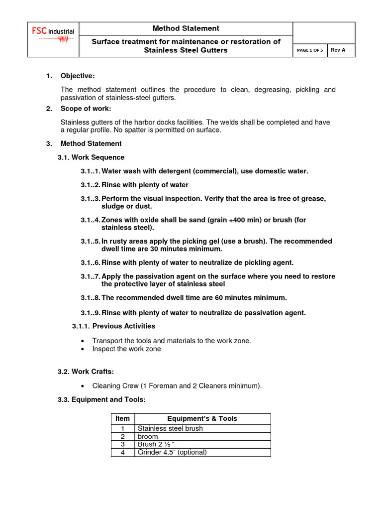 Modelo de Method Statement Maintenance of Stainless Steel Gutters | PDF ...