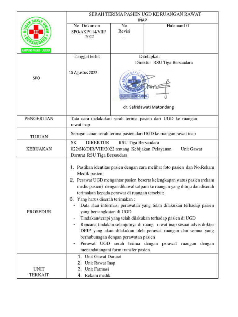 Serah Terima Pasien Ugd Ke Ruangan Rawat Pdf