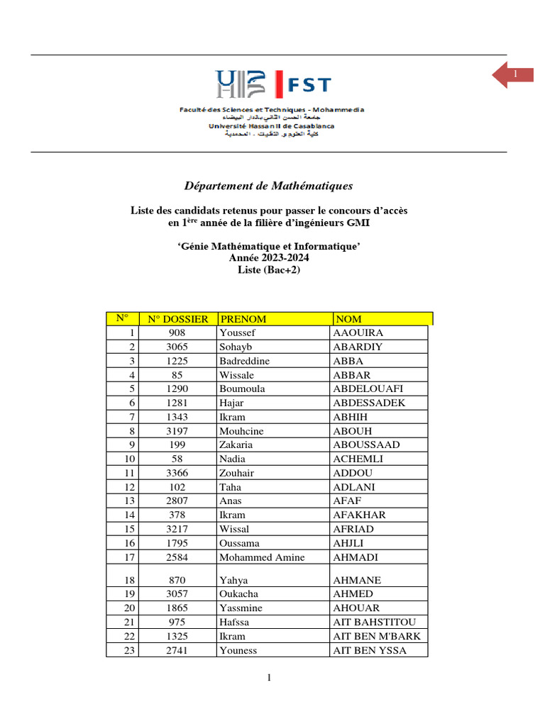 Deust-listepourpasserConcoursGMI 2023 2024 | PDF