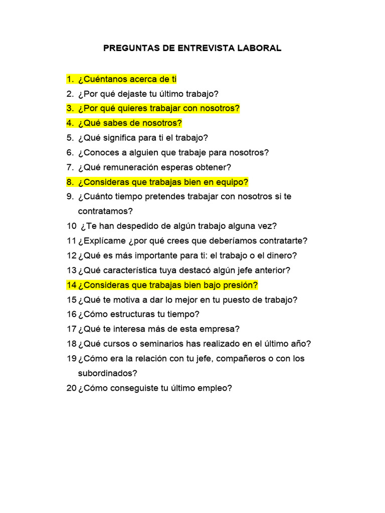 Preguntas de Entrevista Laboral | PDF