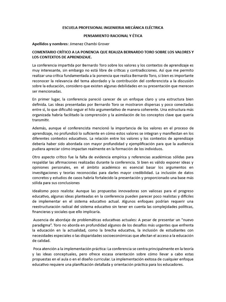 Grover Jimenez Chambi. Comentario Crítico | PDF | Inclusión (Educación) | Ciencia cognitiva