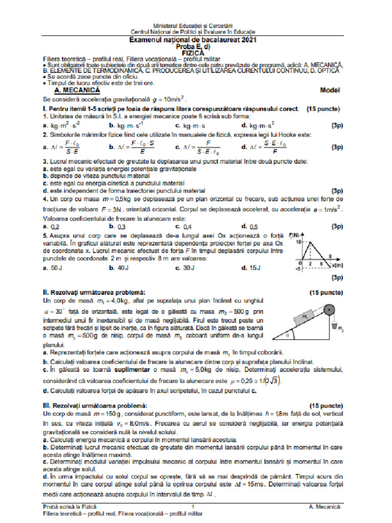 Subiecte Fizica Bacalaureat 2021 - Mecanica | PDF