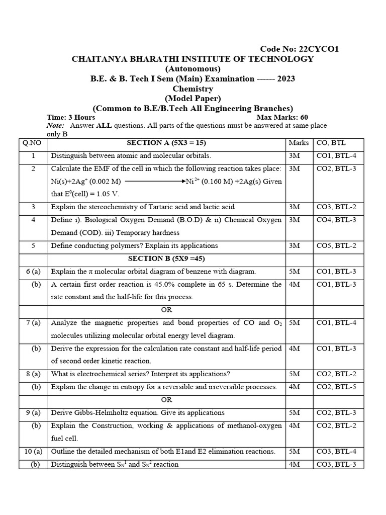 9-Model Question Paper I-Sem-2023 | PDF | Molecules | Carbon Monoxide
