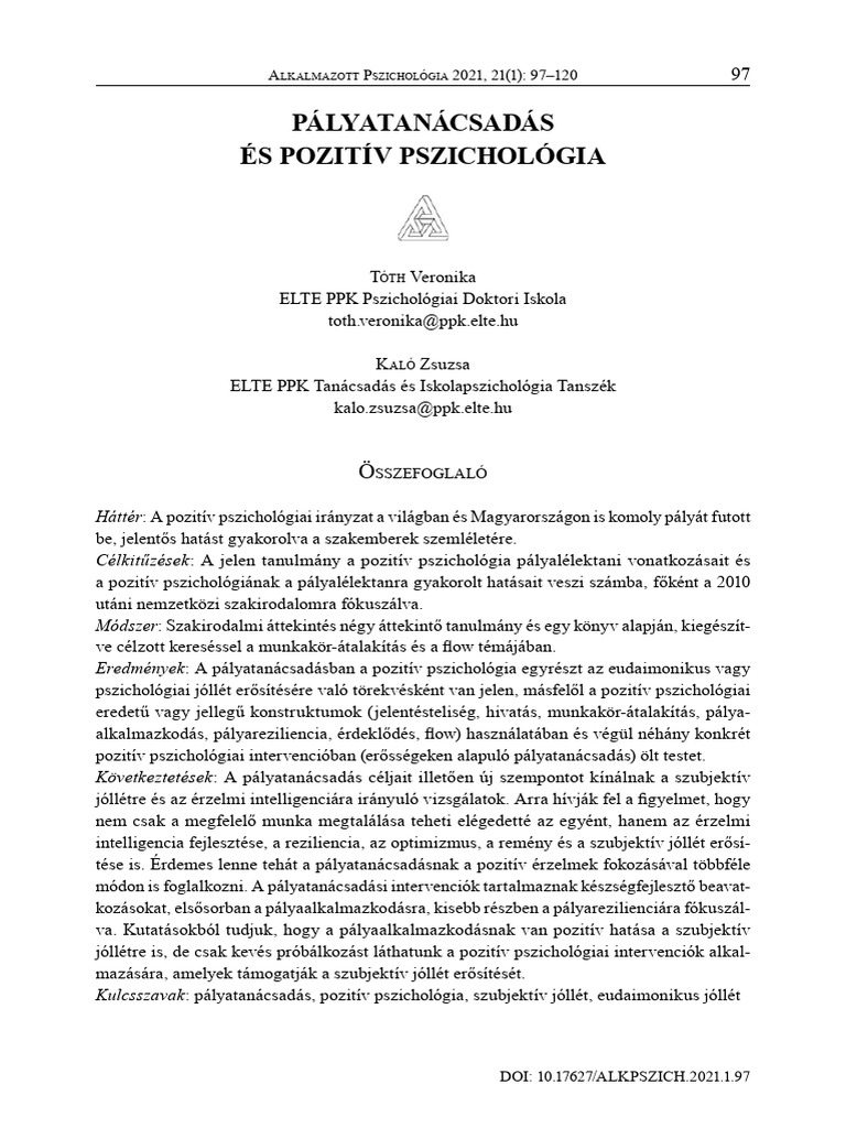 Tétel Pályatanácsadás És Pozitív Pszichológia | PDF