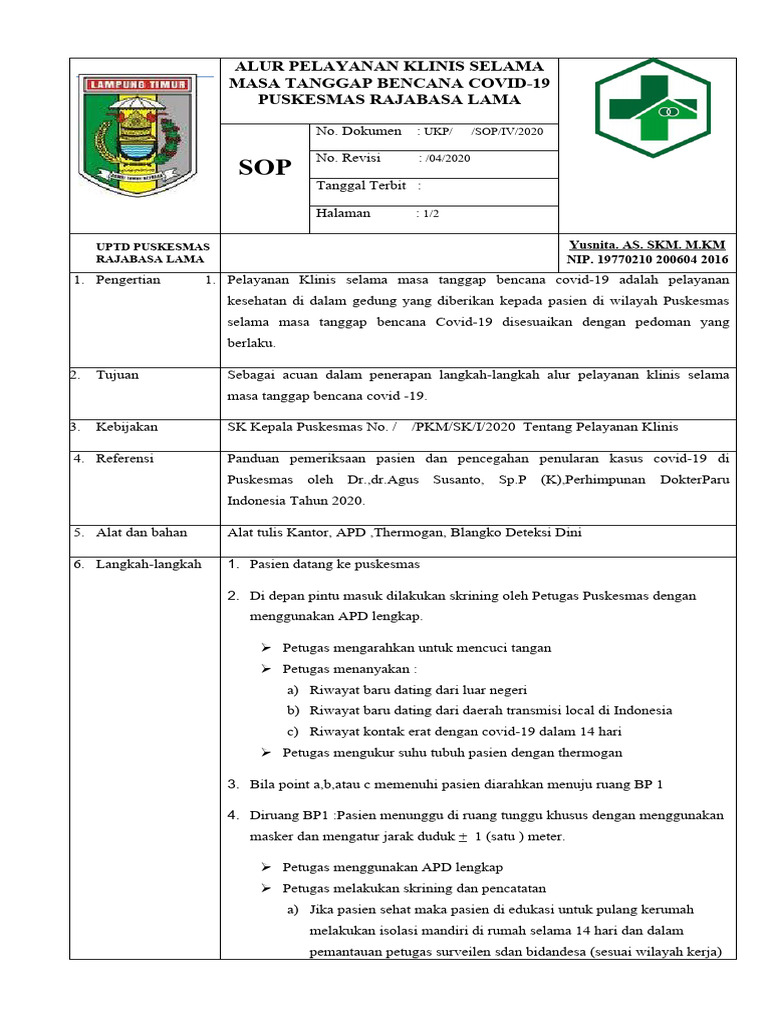 SOP ALUR PELAYANAN KLINIS SELAMA MASA TANGGAP BENCANA COVID Rabala | PDF