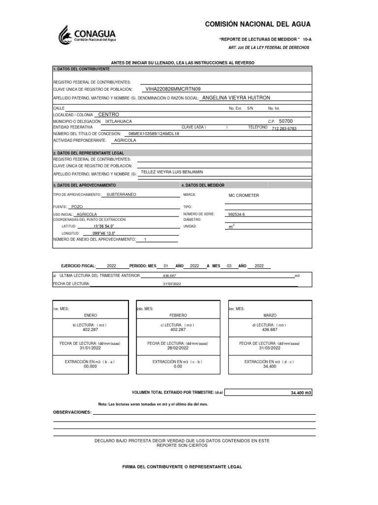 Conagua Formato de Reporte de Lectura de Medidor | PDF