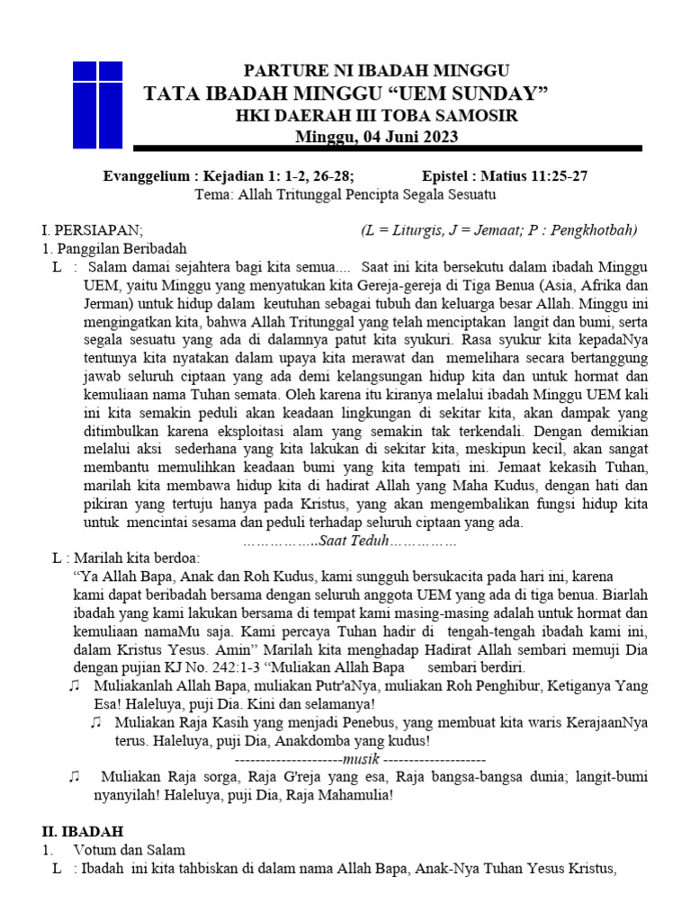 Parture Ni Ibadah Minggu, Uem Sunday, 04 Juni 2023 | PDF