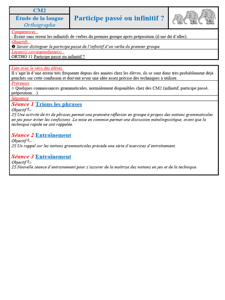 Participe Passé ou Infinitif en CM2 | PDF | Verbe | Orthographie
