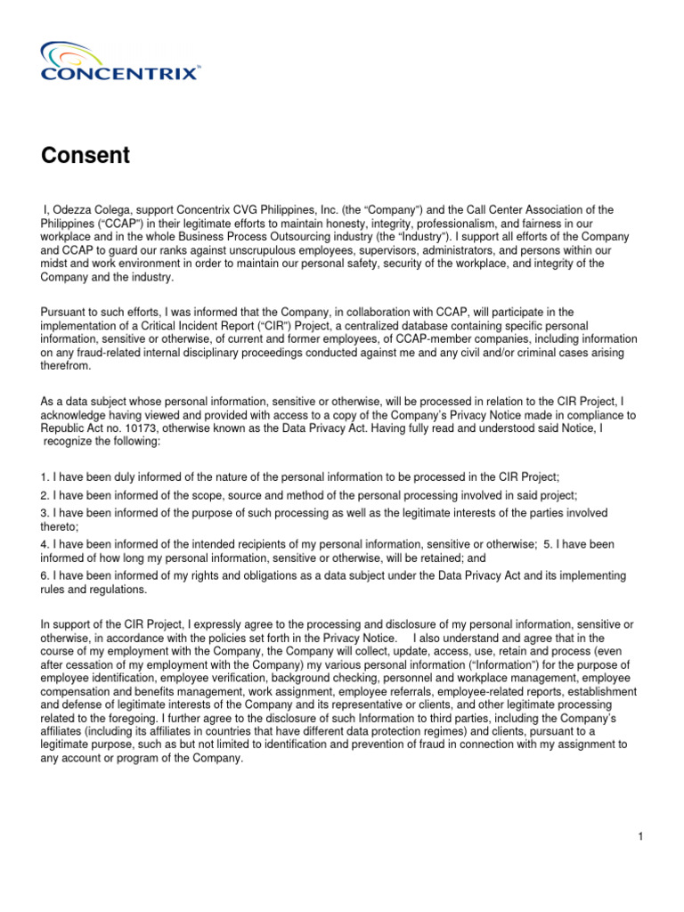 PHL CNX Employee Consent 2023-04-05 | PDF | Employment | Privacy