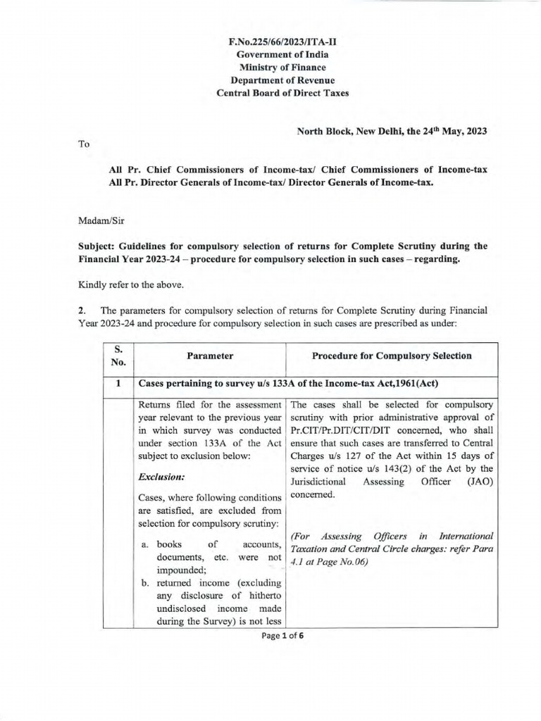 Compulsory Scrutiny Guidelines FY 2023 24 DT 24 05 2023 | PDF | Income Tax | Taxes