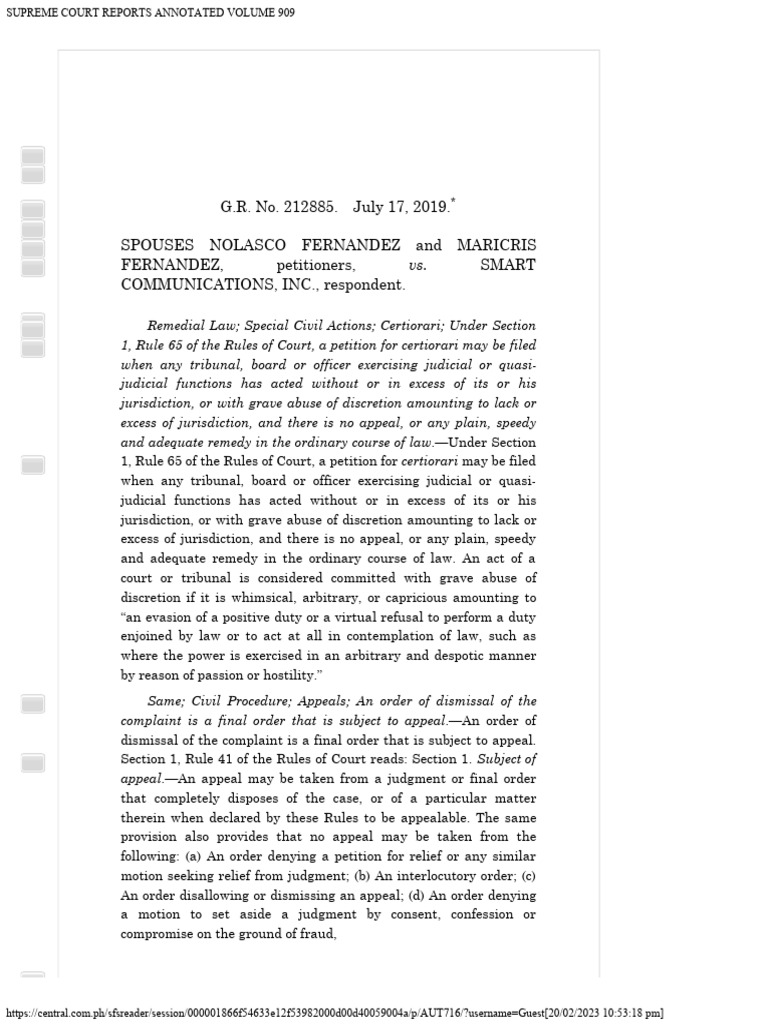 Sps. Fernandez vs. Smart Communications, Inc., 909 SCRA 293 (2019 ...