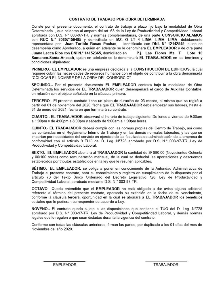Modelo de Contrato Laboral Por Obra Determinada | PDF | Derecho laboral | Gobierno