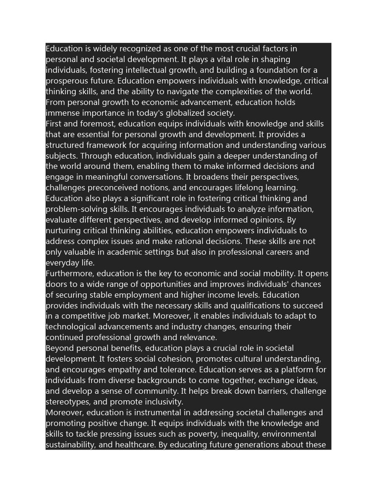 Education Is Widely Recognized As One of The Most Crucial Factors in ...