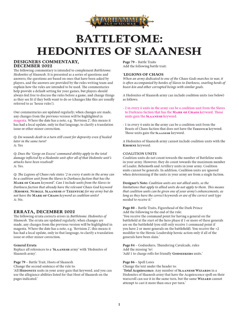 Age of Sigmar AoS - Battletome - Hedonites of Slaanesh - Errata 2023-01 ...