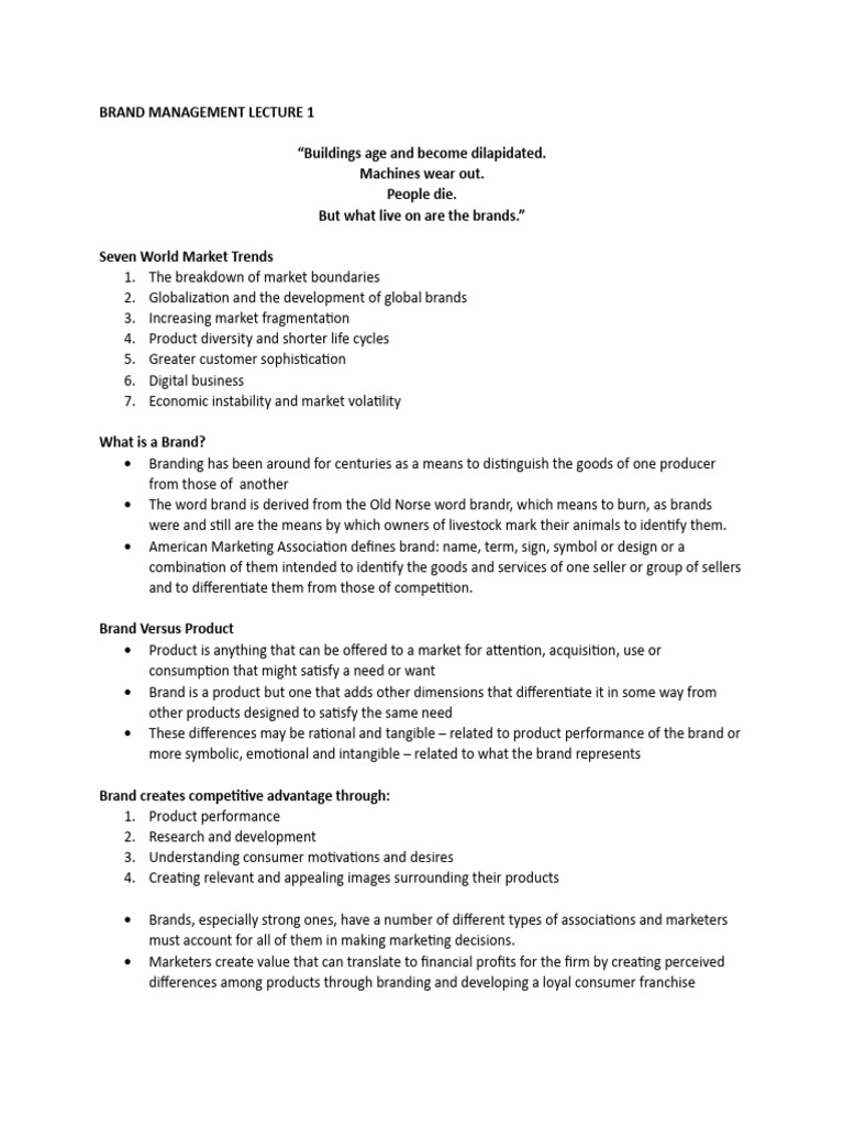 Brand Management Lecture 1 Pdf Brand Product Business