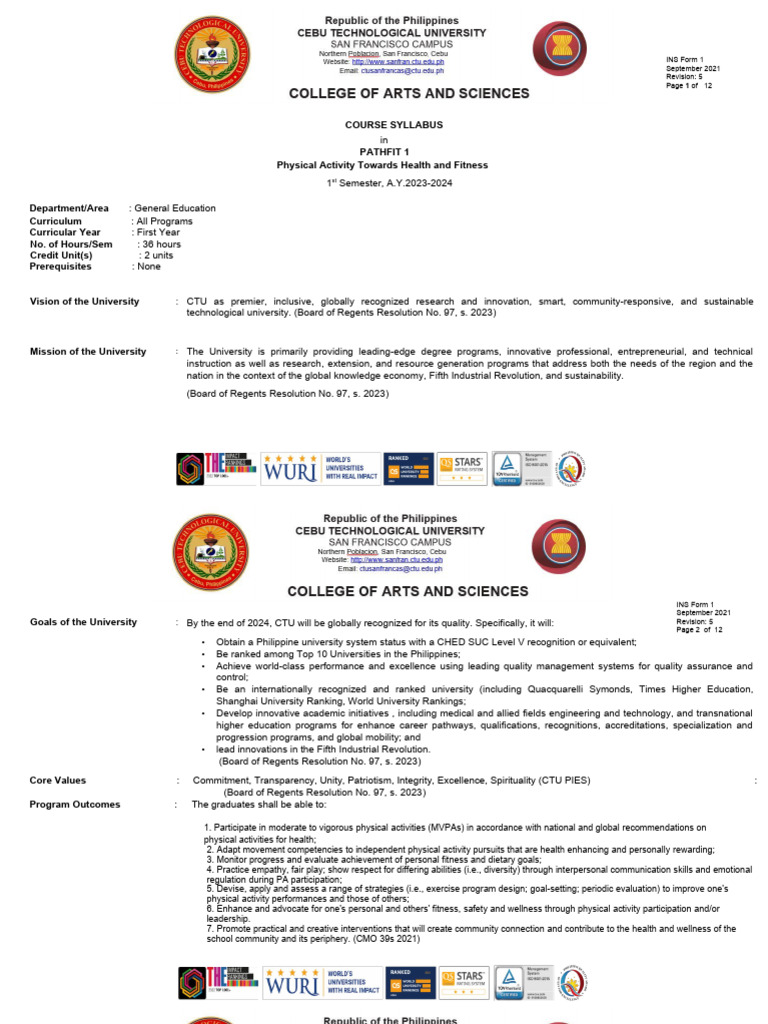 Syllabus Pathfit-1 2023-2024 | PDF | Physical Fitness | Learning