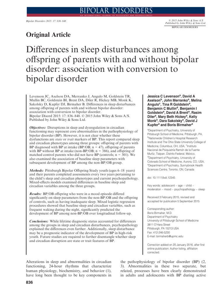Differences in Sleep Disturbances Among Offspring of Parents With and Without Bipolar Disorder ...