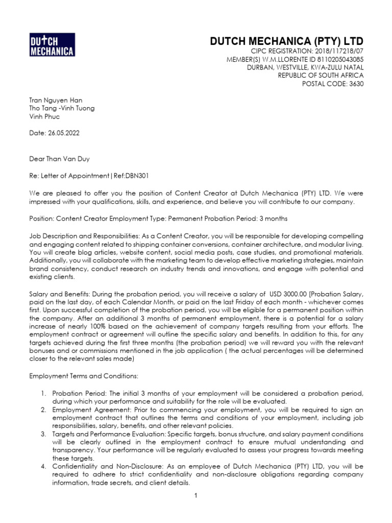 Letter of Employment - Remotejob - ACC - RefDBN301 | PDF | Employment ...