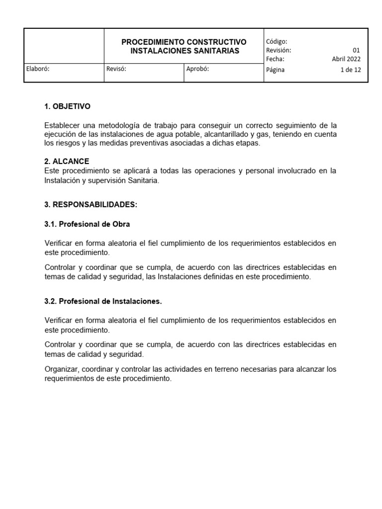 Procedimiento Constructivo Instalaciones Sanitarias | PDF | Hormigón | Tubería (transporte de ...