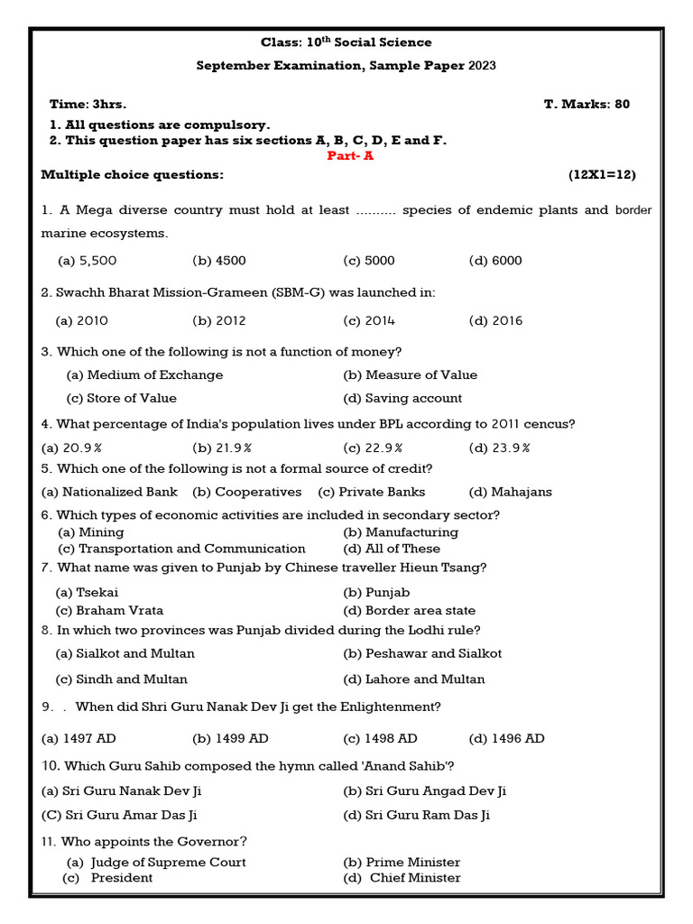 C 10 Sample Paper SS September Exam EM | PDF