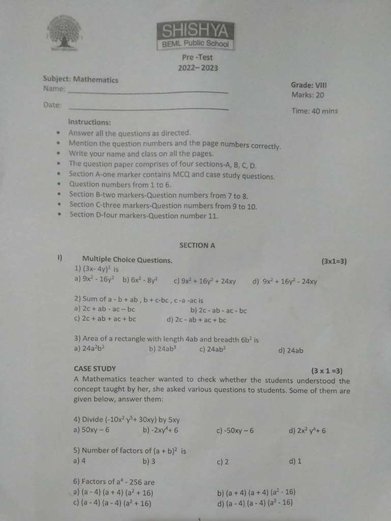 Malavika Exam Paper | PDF | Multiple Choice | Mathematics