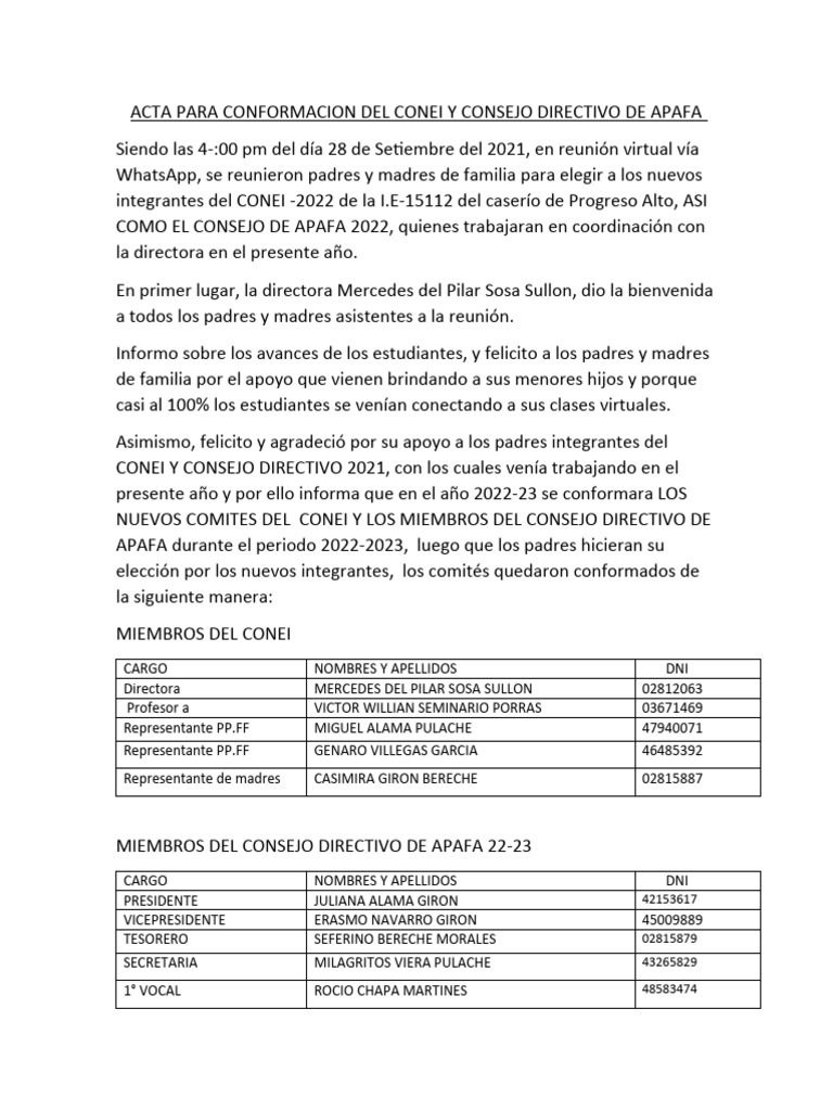 Acta Del Conei y Apafa 2022 | PDF | Gobierno