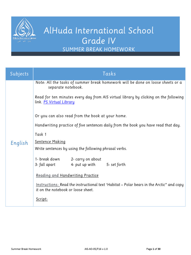 Grade IV Summer Homework Tasks | PDF | Notebook | Books