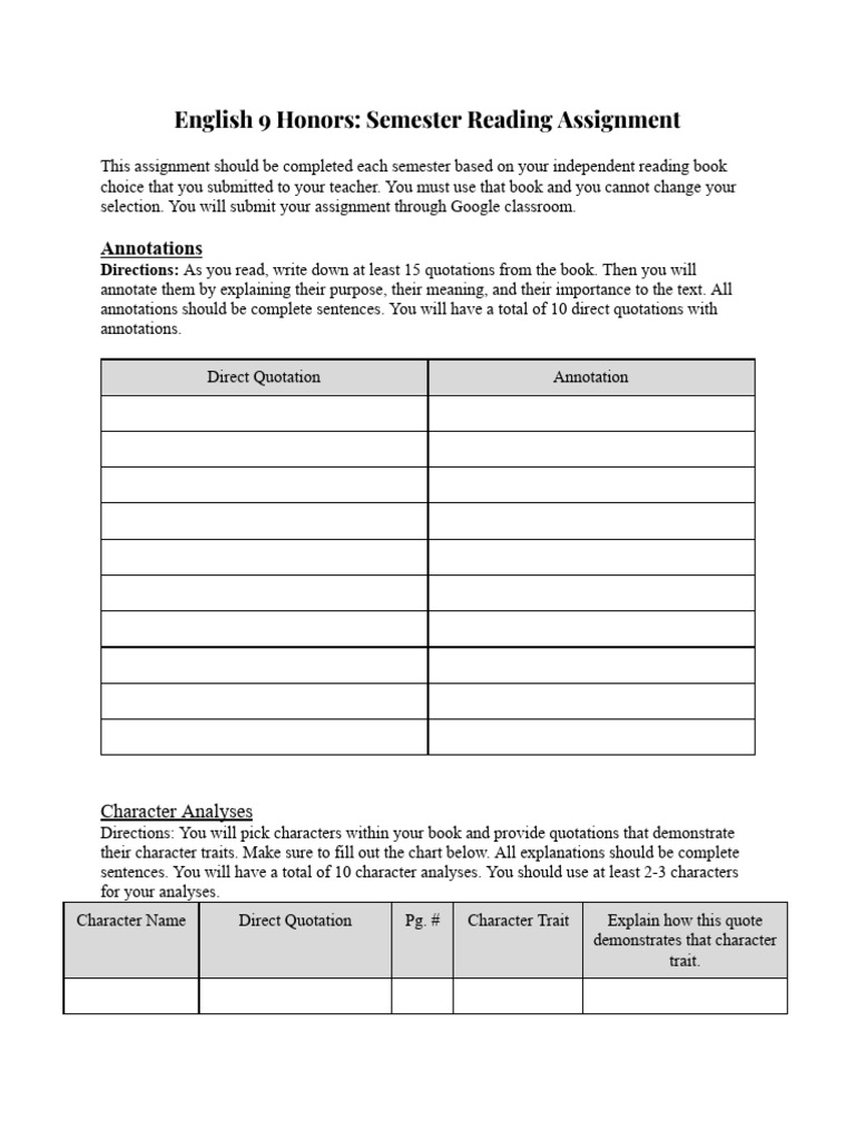 English 9 Honors Semester Reading Assignment | PDF