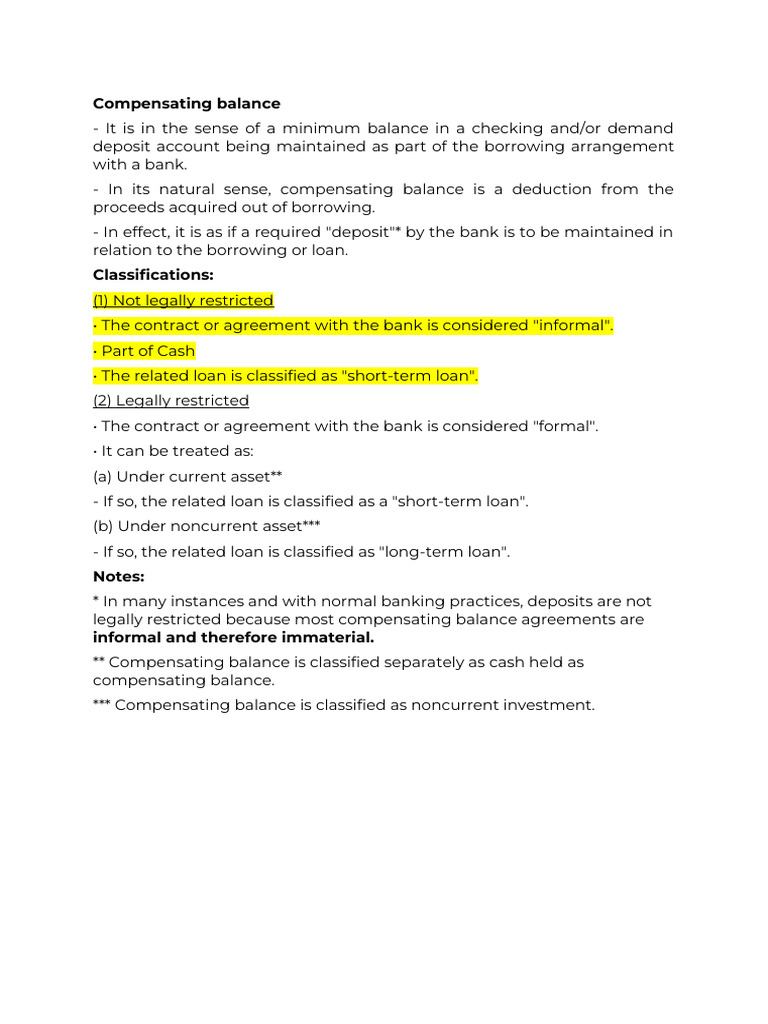 Notes For Compensating Balance - Important | PDF | Business | Finance ...