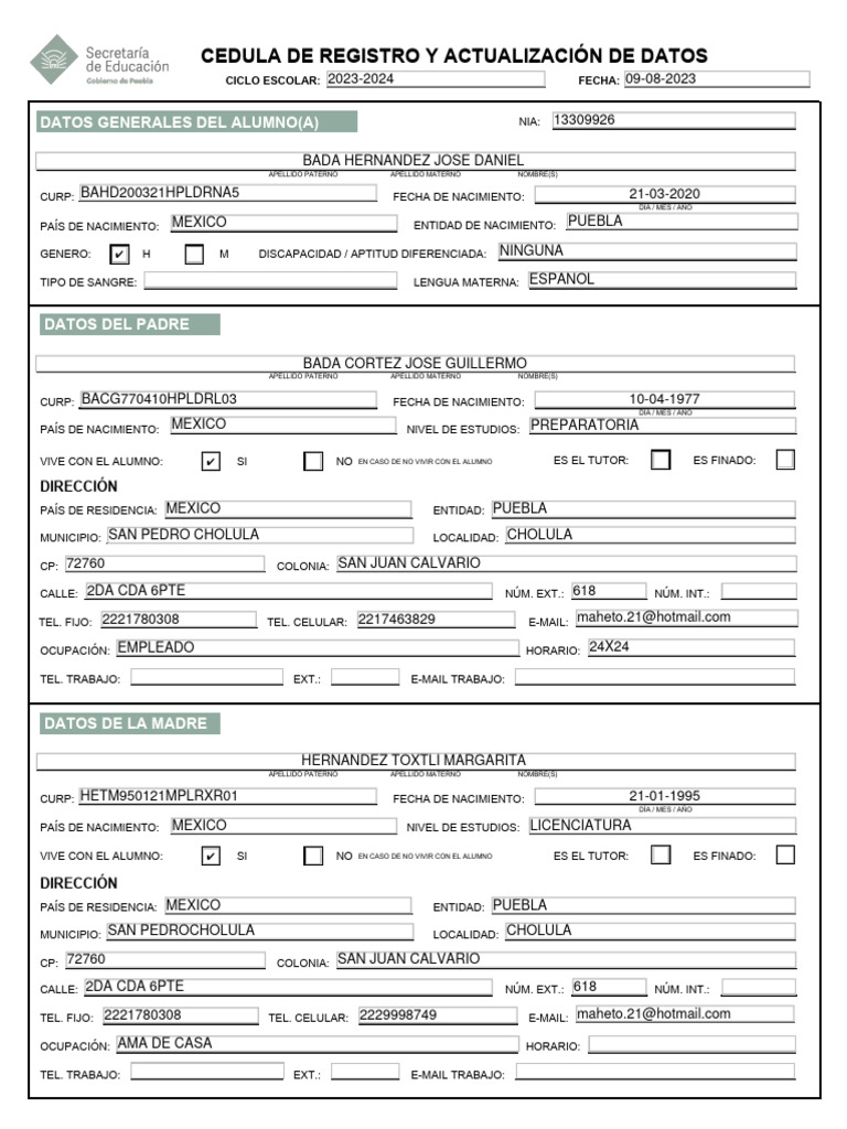Cedula de Registro Y Actualización de Datos: Datos Generales Del Alumno ...