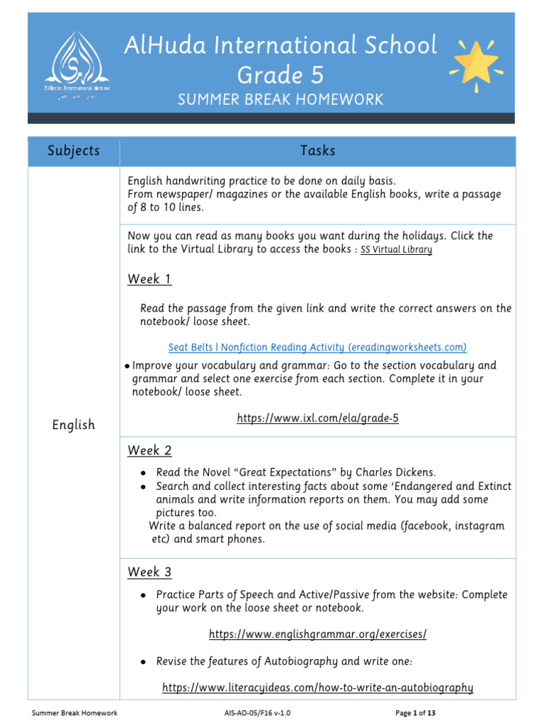 Grade V Summer Break Homework Plan SS 2023 | PDF