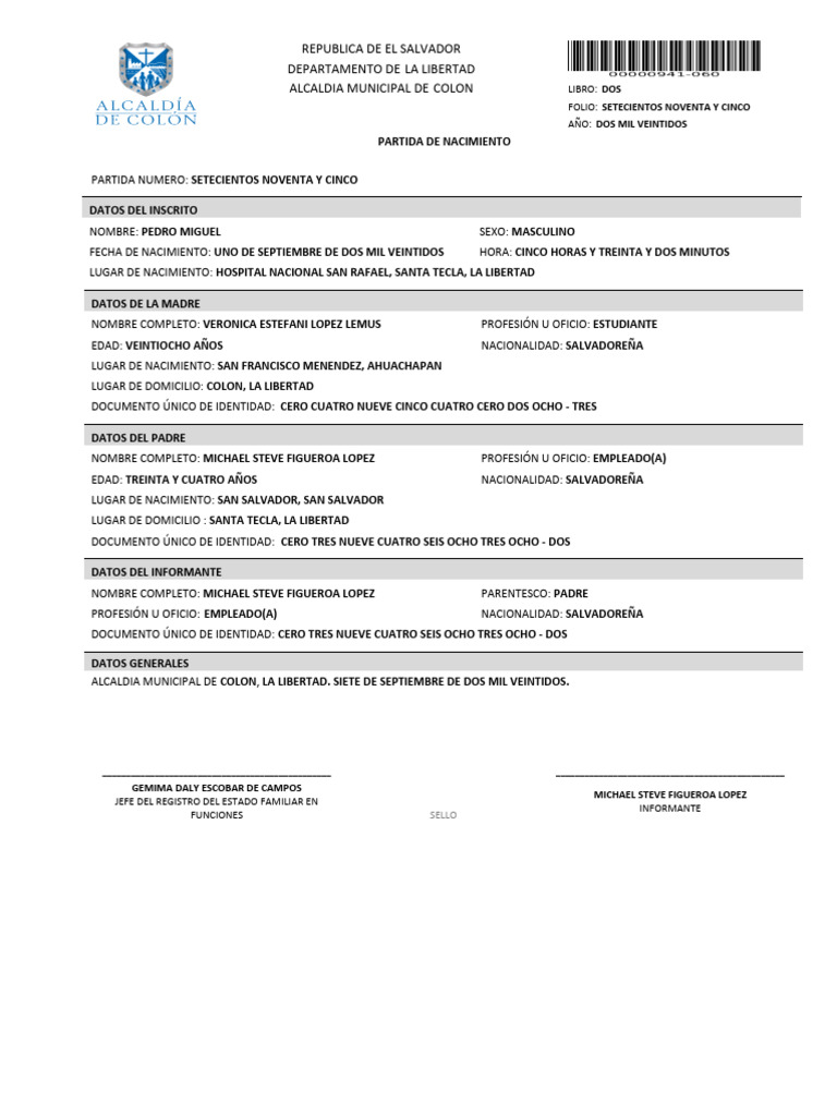 Partida de Nacimiento de Pedro Miguel | PDF | El Salvador