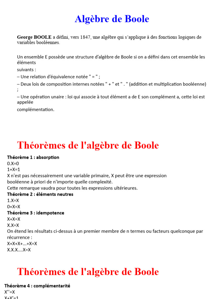 Algèbre de Boole et ses théorèmes | PDF | Algèbre de Boole (logique ...