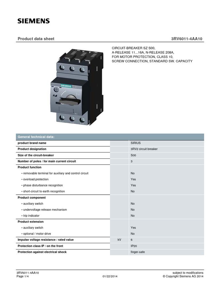 Product Data Sheet 3RV6011-4AA10 | PDF | Components | Electrical Engineering