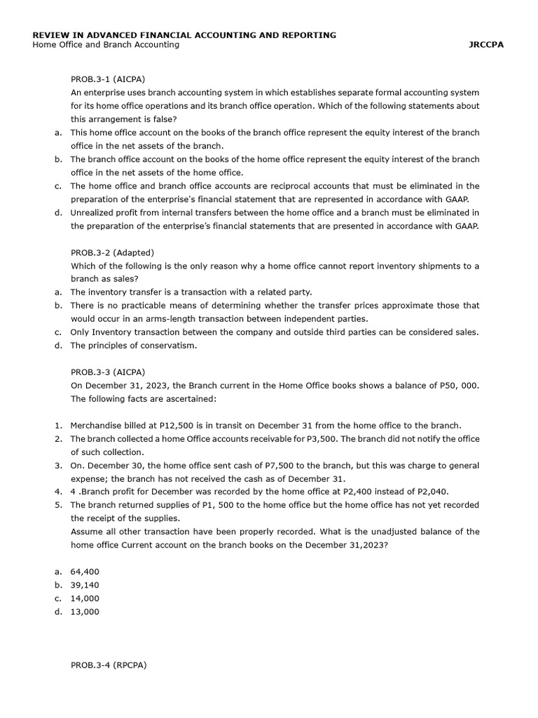 Chapter 3 Accounting For Home Office Branch Agency Transaction 3 Done | PDF | Debits And Credits ...