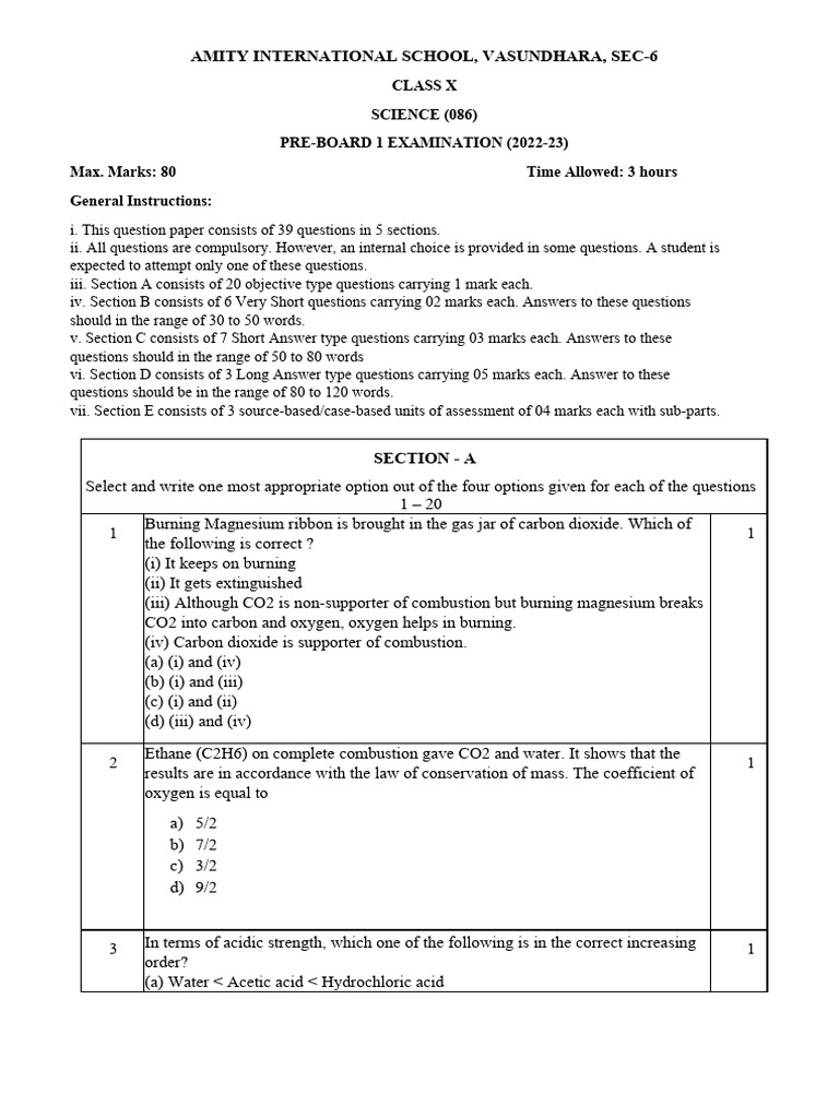 Class X Science Pre-Board Exam 2022-23 | PDF | Nitric Acid | Chemical ...