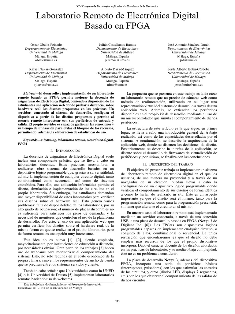 Laboratorio Remoto de Electrónica Digital Basado en FPGA: Abstract-El Desarrollo e ...